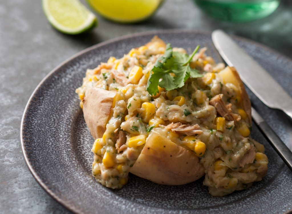 BAKED POTATOES WITH CHILLI TUNA, SWEETCORN AND CORIANDER MORNAY - KIDDO Mag